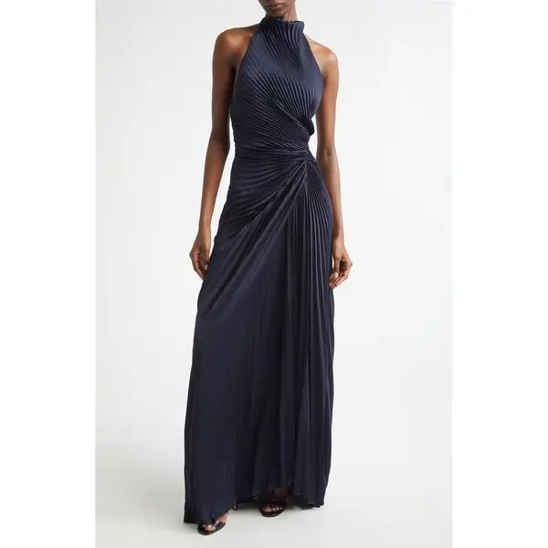A.L.C. Romy Pleated Halter Gown - Night Blue