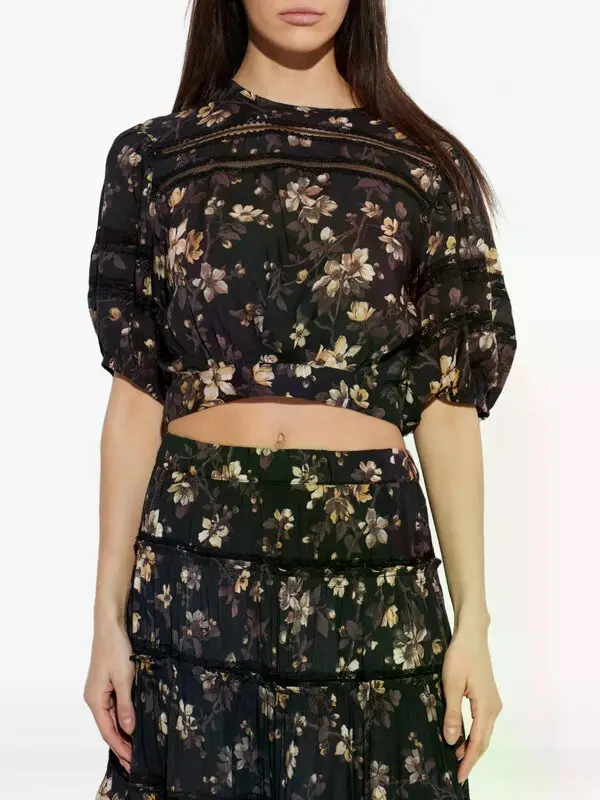 ALLSAINTS Floral-print Lace-trim Top - Black