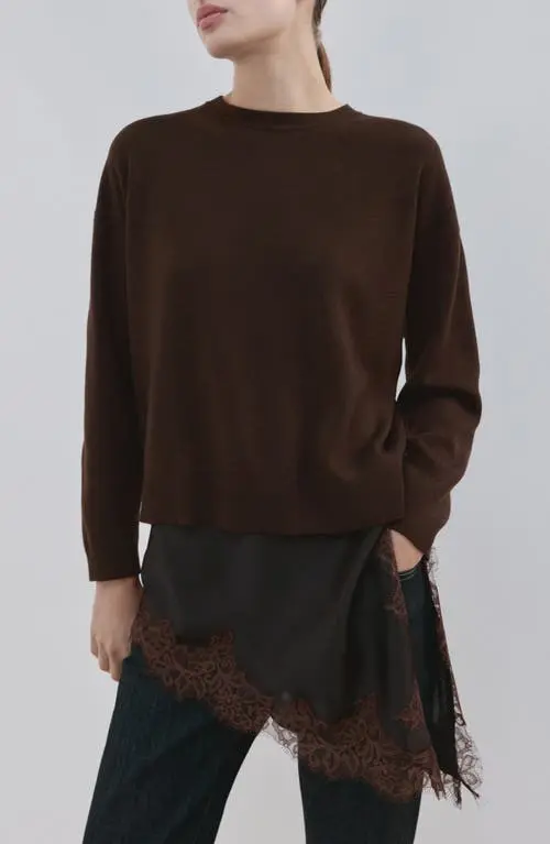 Mango Mixed Media Asymmetric Hem Lace Trim Sweater - Chocolate