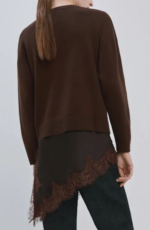 Mango Mixed Media Lace Trim Sweater - Chocolate