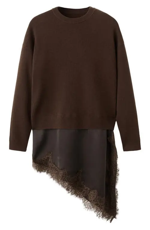 Mango Mixed Media Lace Trim Sweater - Chocolate