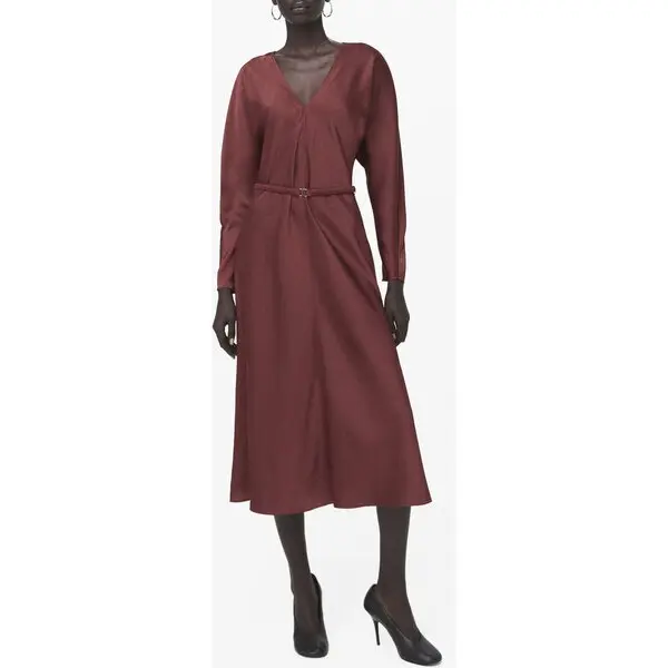 Mango Long Sleeve Satin Midi Dress - Maroon