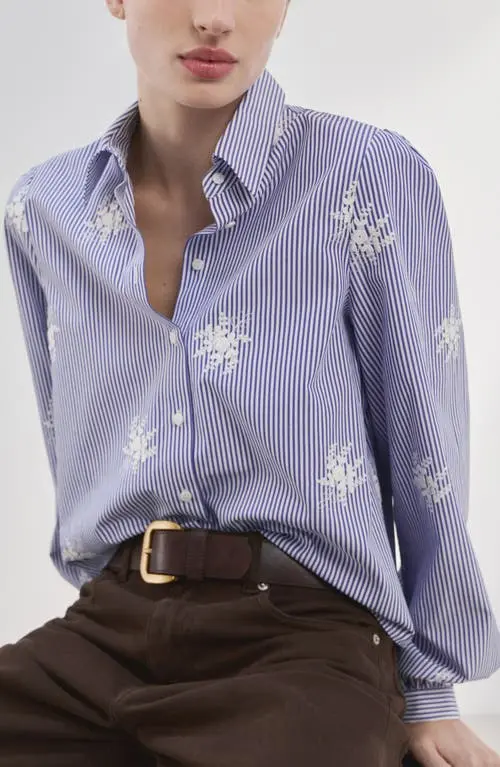 Mango Embroidered Stripe Shirt - Sky Blue