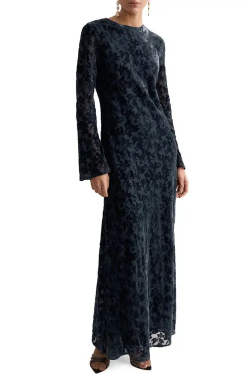Mango Devor Burnout Long Sleeve Maxi Dress - Night Blue