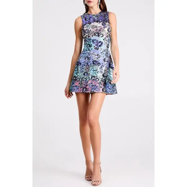 HELSI Daria Floral Sequin Cocktail Minidress - Blue/silver Floral