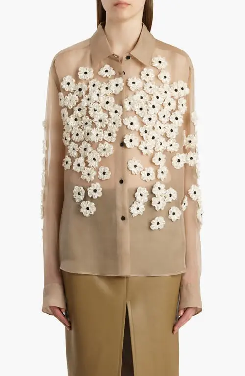 Khaite Argo Floral Appliqué Sheer Silk Organza Button-up Shirt - Tea Stain Scatter