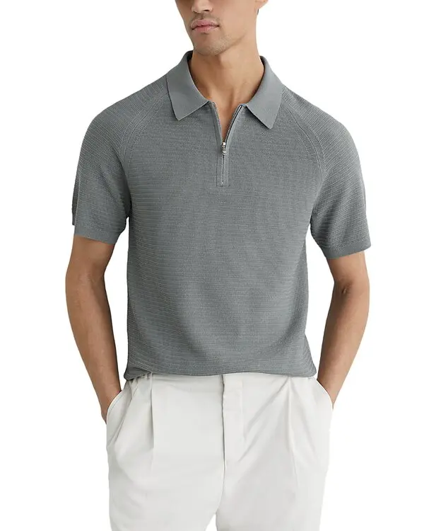 REISS Estate Short Sleeve Half Zip Textured Polo - Sage