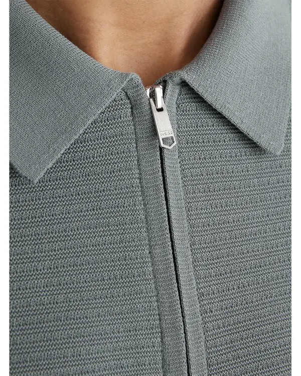 REISS Estate Short Sleeve Half Zip Textured Polo - Sage