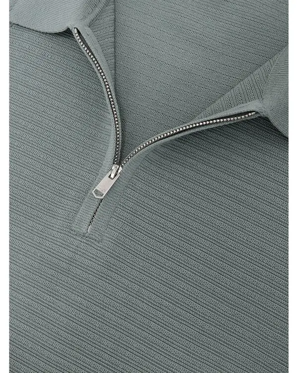 REISS Estate Short Sleeve Half Zip Textured Polo - Sage