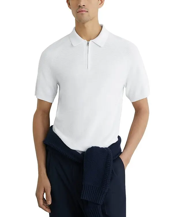 REISS Estate Short Sleeve Half Zip Textured Polo - White
