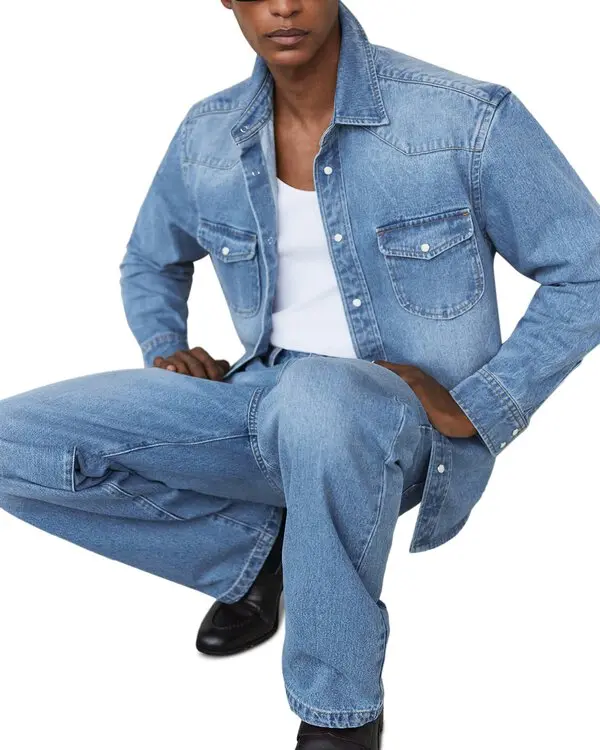 REISS Finley Long Sleeve Washed Denim Overshirt - Washed Blue