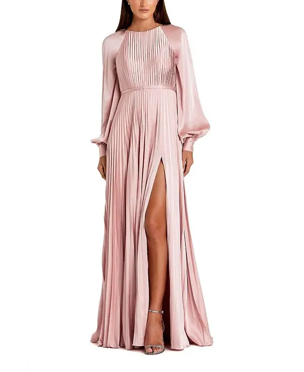 Mac Duggal Petite Long Sleeve Pleated High Neck Gown With Slit - Blush