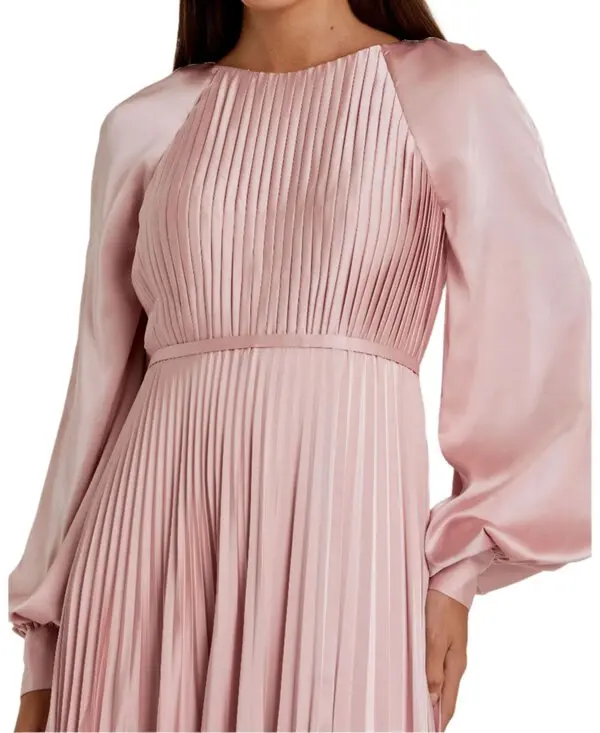 Mac Duggal Petite Long Sleeve Gown With Pleats And Slit - Blush