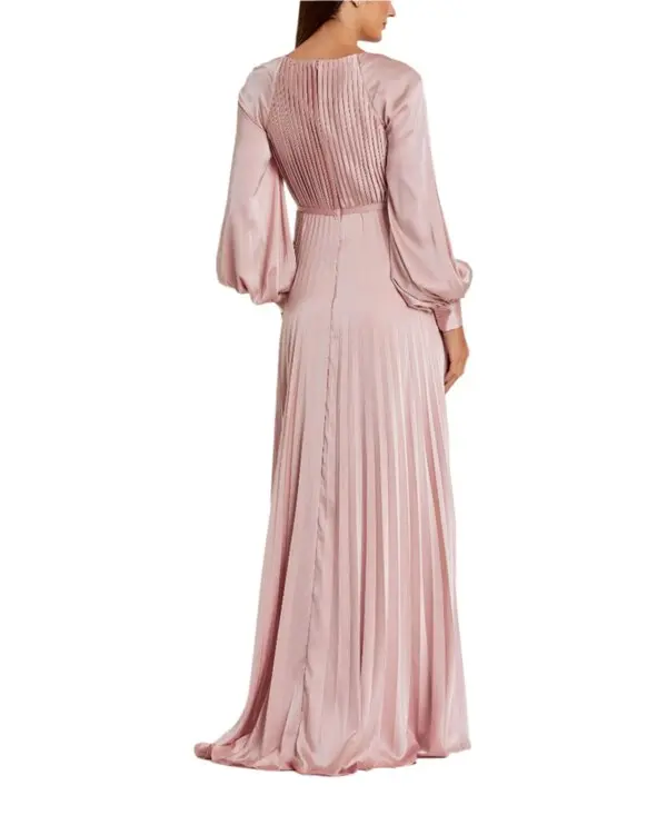 Mac Duggal Petite Long Sleeve Gown With Pleats And Slit - Blush