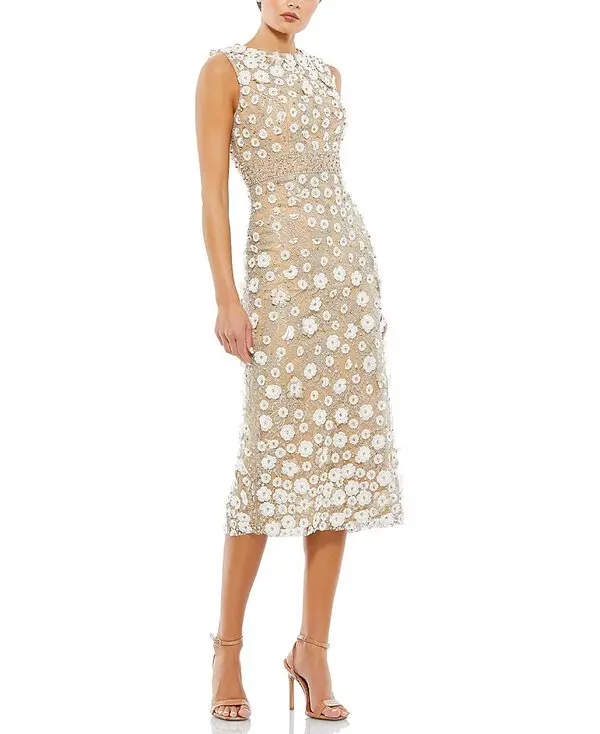 Mac Duggal Petite Floral Applique Sleeveless Midi Dress - Ivory Nude