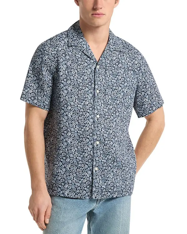 Michael Kors Short Sleeve Linen Floral Camp Collar Shirt - Midnight