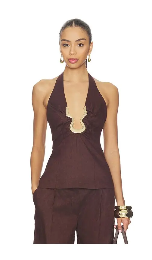Bardot Cavarly Linen Halter Top - Chocolate