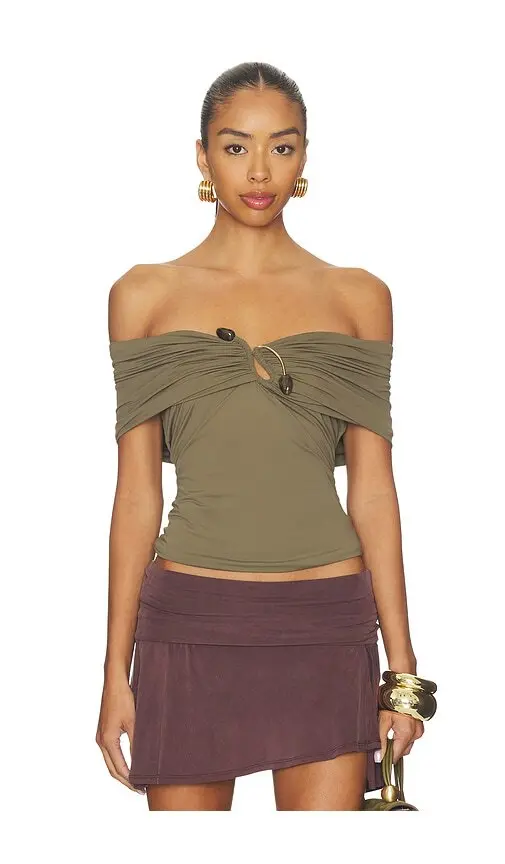Bardot Martina Off The Shoulder Top In Green - Khaki