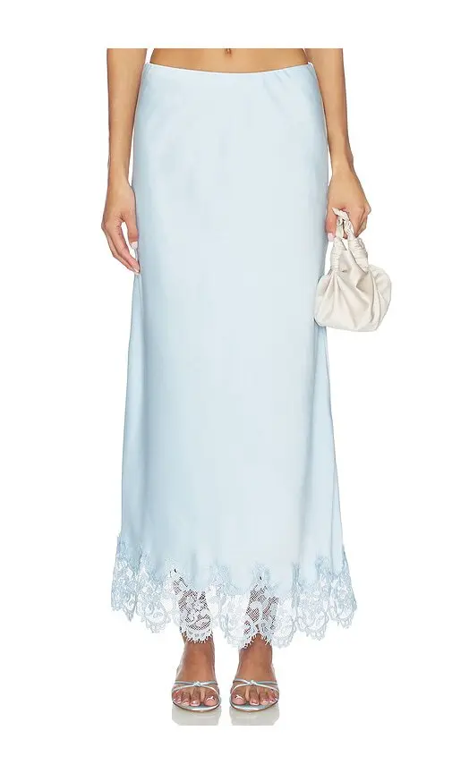 Bardot X Elisan Lace Satin Midi Skirt In Blue - Soft Blue