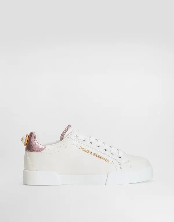 Dolce & Gabbana Portofino Sneakers In Nappa Calfskin With Lettering - White/pink