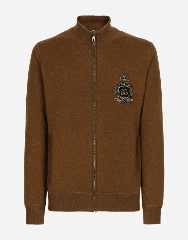 Dolce & Gabbana Wool And Cashmere Knit Zip-up Sweater With Dg Patch - Brown