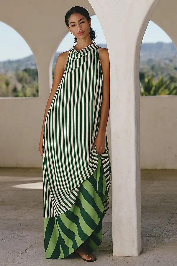 SIMONMILLER Mona Crepe High-neck Maxi Dress - Green Stripe