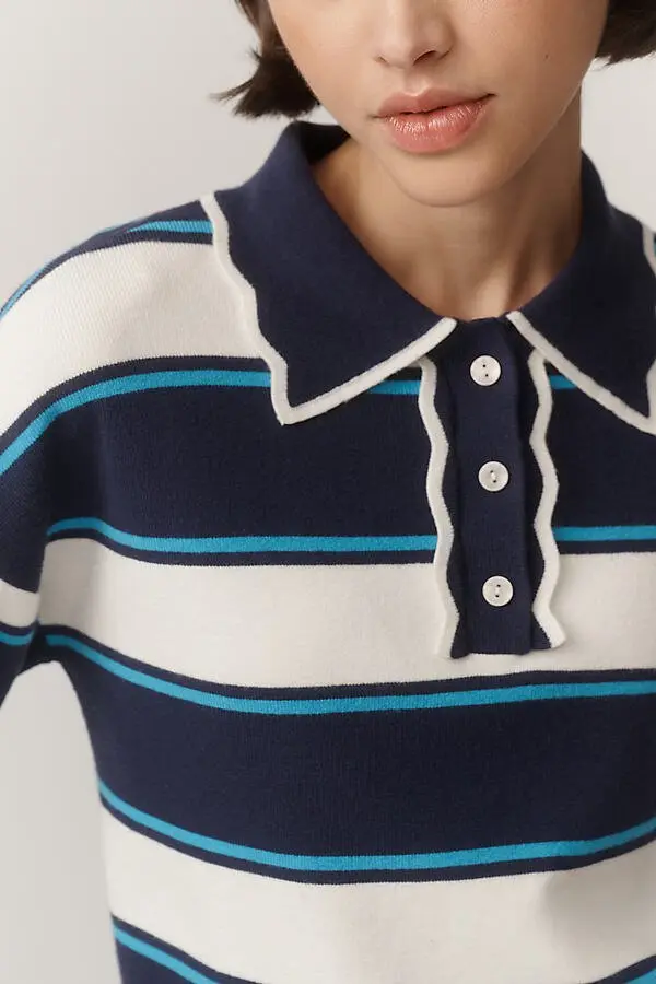 Maeve Boxy Scalloped Polo Shirt - Blue Stripe