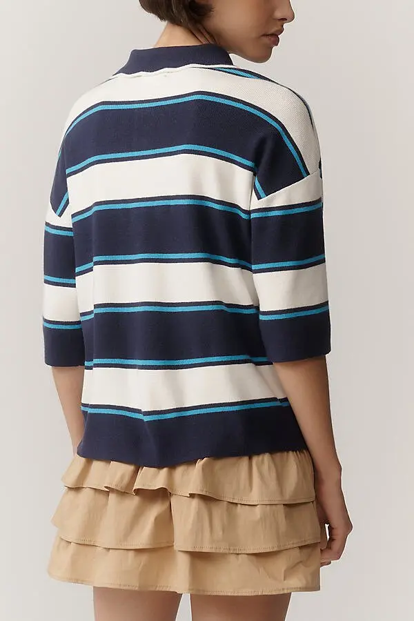 Maeve Boxy Scalloped Polo Shirt - Blue Stripe