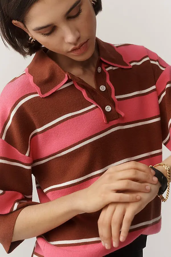 Maeve Boxy Scalloped Polo Shirt - Brown / Pink Stripe