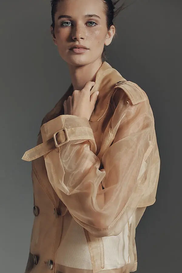 Maeve Crop Sheer Organza Trench Coat Jacket - Iced Coffee