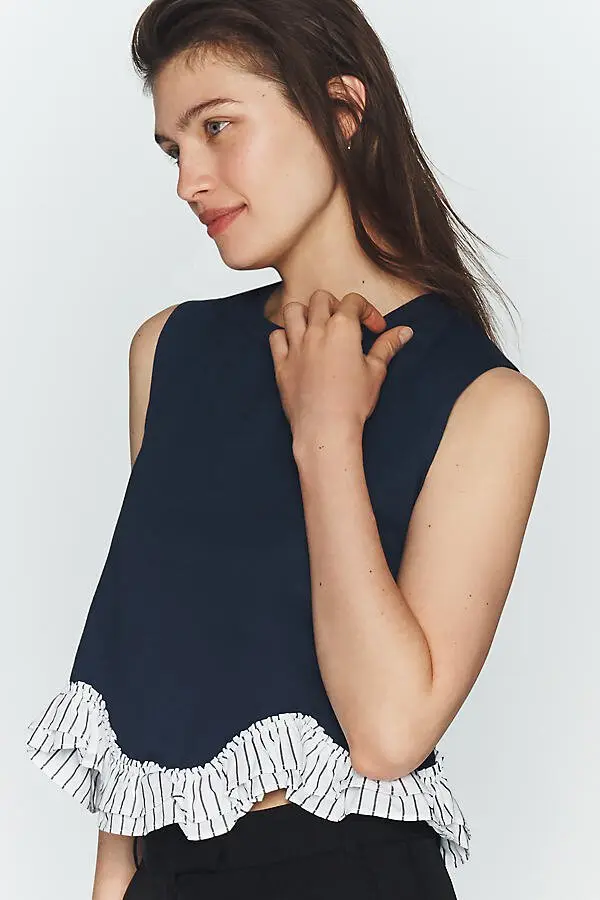 Maeve Ruffled Muscle T-shirt Top - Navy
