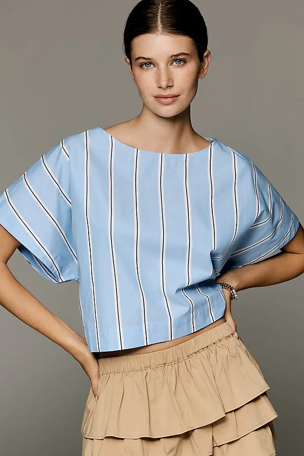 Maeve Cotton Short-sleeve Crew-neck Top - Blue Stripe