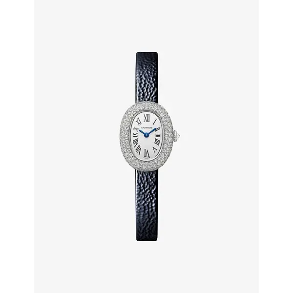 CARTIER Baignoire Mini 18ct White-gold Rhodium-plated, 1.9ct Brilliant-cut Diamond And Leather Quartz Watch 24.6mm - 18k White Gold