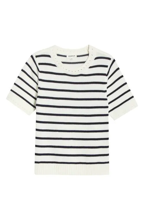 SUGARLIPS Tessie Stripe Short Sleeve Cotton Sweater - White Navy