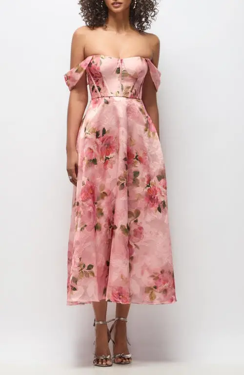Dessy Collection Edie Floral Jacquard Cocktail Midi Dress - Guava Floral Print
