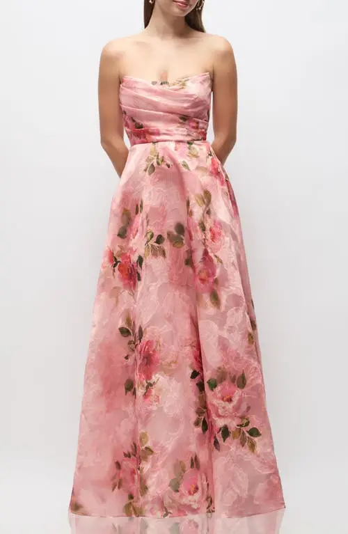 Dessy Collection Alden Floral Jacquard Strapless Organza Gown - Guava Floral Print