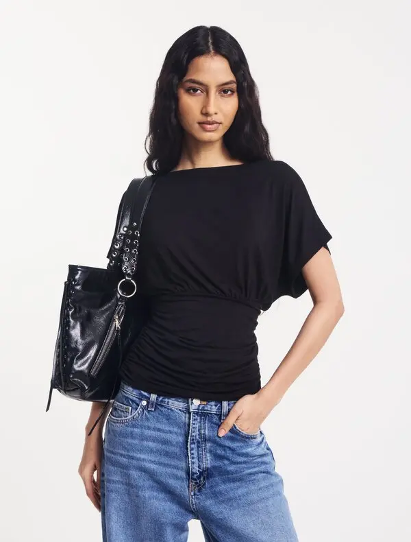 NINETY PERCENT Amelie Slash Neck Gathered Side Top Micromodal - Black