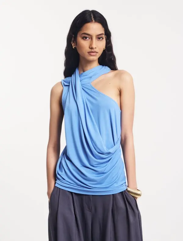 NINETY PERCENT Zora Drape High Neck Top In Micromodal - Cornflower