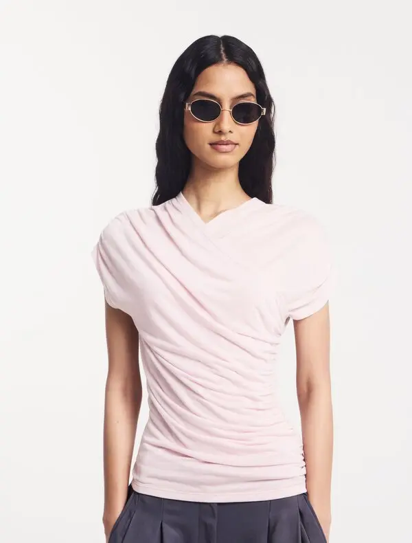 NINETY PERCENT Indie Off Shoulder Wrap Top In Tencel - Dusk Pink