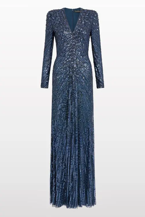 Jenny Packham Eve Sequin-embellished V-neck Dress - Blackthorne Blue