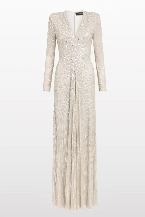 Jenny Packham Sequin-embellished V-neck Gown - Platinum