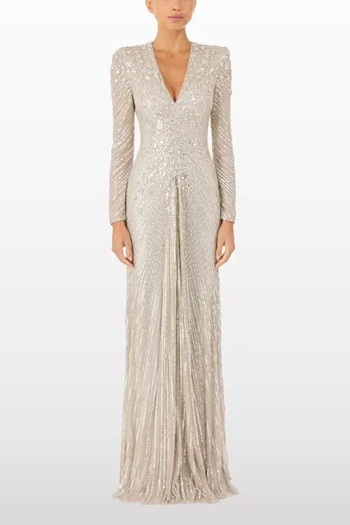 Jenny Packham Sequin-embellished V-neck Gown - Platinum