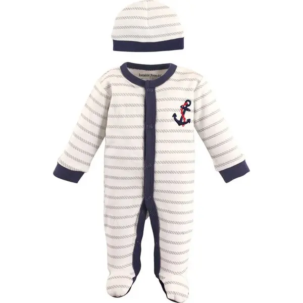 LUVABLE FRIENDS Cotton Sleep & Play Outfit With Hat - Anchor