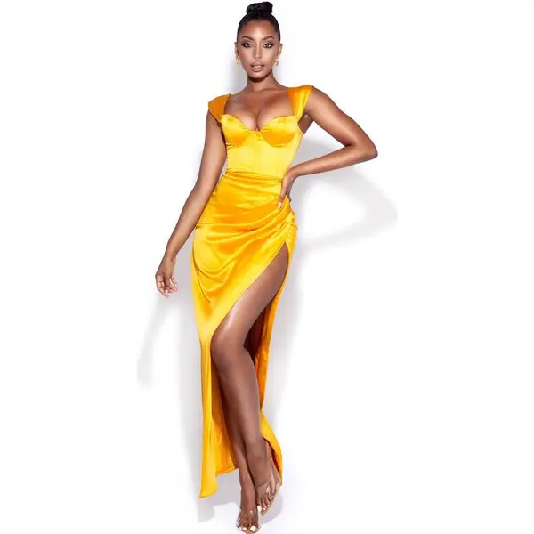 MISS CIRCLE Zarah High Slit Corset Satin Dress - Yellow