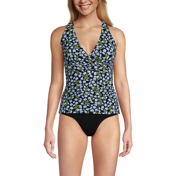 LANDS' END Dd-cup V-neck Plunge X Back Tankini Top - Navy Mini Bloom Floral