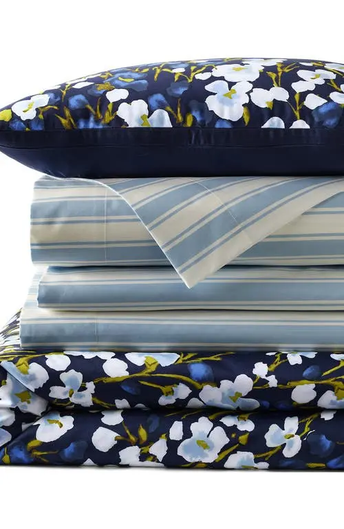 LANDS' END 400 Thread Count Premium Supima Cotton No Iron Sateen Duvet Bed Cover - Deep Sea Navy Floral