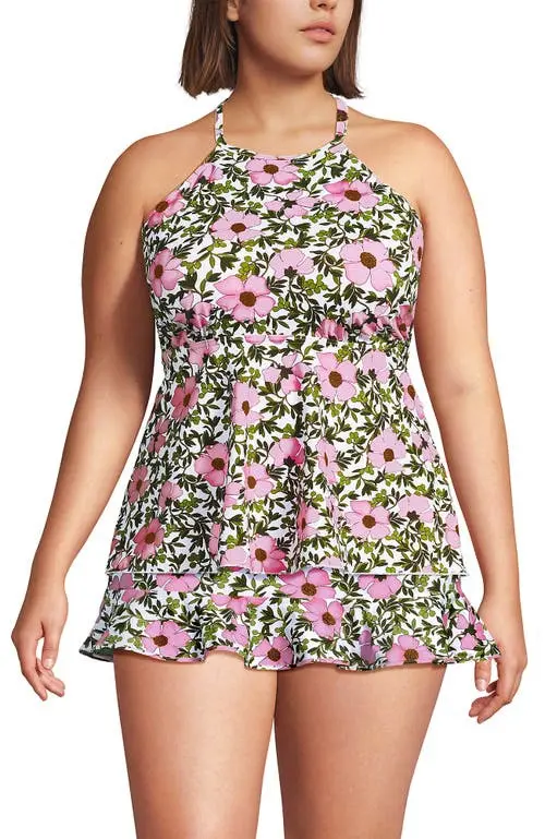 LANDS' END Flutter High Neck Halter Tankini Top - Floral Blossom/white/pink