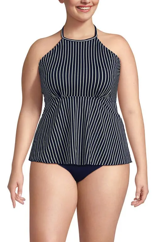 LANDS' END Flutter High Neck Halter Tankini Top - Navy/egret White Stripe