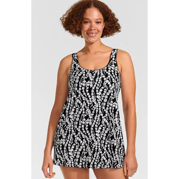 LANDS' END D-cup Scoop Neck Mini Swim Dress Swimsuit - Black/white Vine Floral