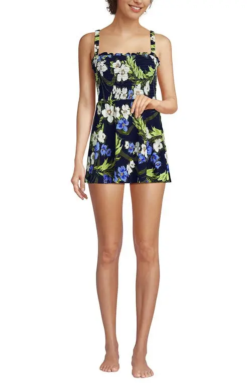 LANDS' END Square Neck Smocked Mini Swim Dress - Deep Sea/blue Floral Tropic
